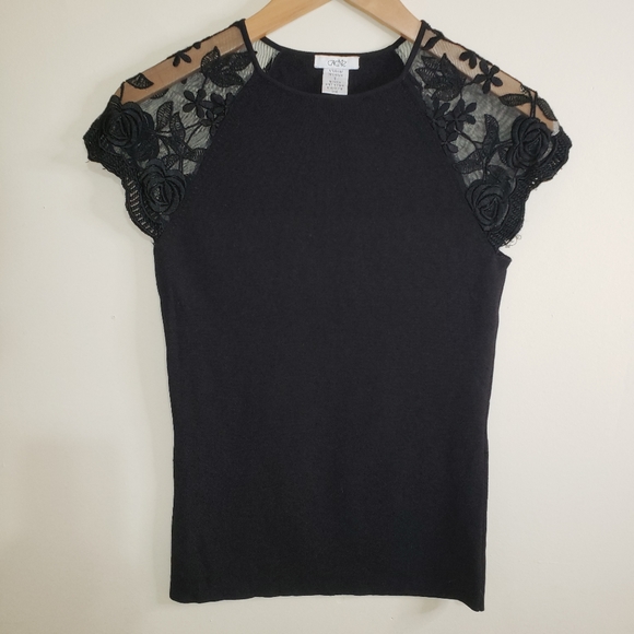 Cache | Tops | Cach Black Top With Lace Sleeves | Poshmark